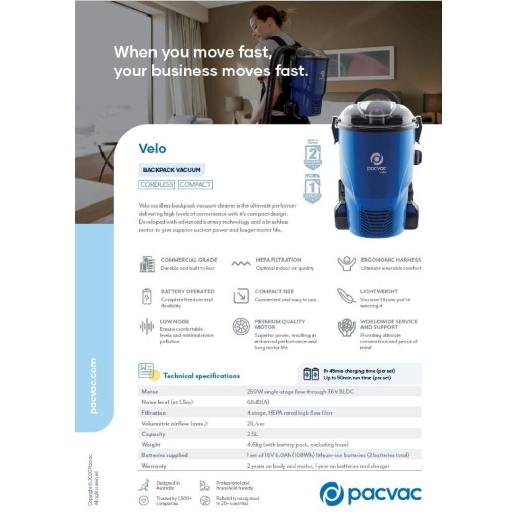 Pacvac Velo Battery Cordless Backpack Vacuum - VacDirect